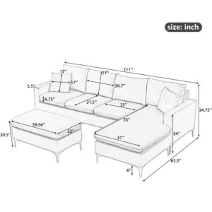 FANCUF 110.6" Sectional Sofa with Ottoman, L-Shape Elegant Velvet Upholstered Couch for Living Room Apartment(D)