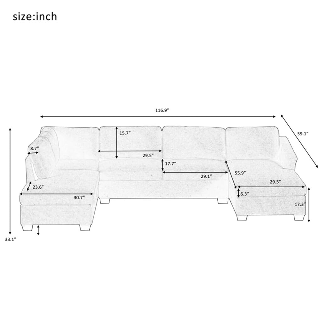 FANCUF Large U-Shape Sectional Sofa, Extra Wide Chaise Lounge Couch, Grey, Suitable for Living Rooms, Apartments