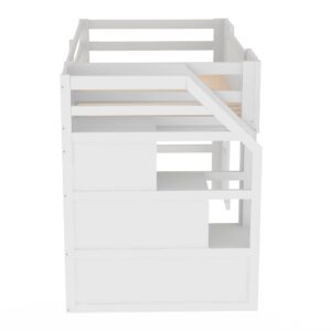 Linique Twin Size Loft Bed with Storage Staircase and 2 Window,Castle Playful Design Twin Loft Bed Frame with Space for Fun,White