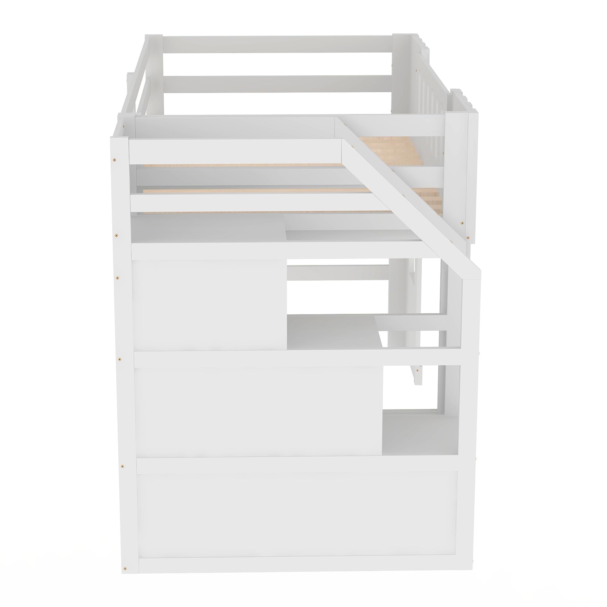 Linique Twin Size Loft Bed with Storage Staircase and 2 Window,Castle Playful Design Twin Loft Bed Frame with Space for Fun,White