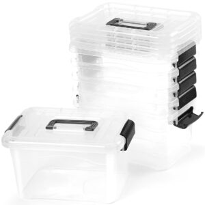 NEATJELAI Plastic Storage Bins with Lids -Storage Organizer Bins with Black Buckle Lids, Stackable Storage Bins with Lids for Home Office Closet Art Supplies Organization,6 Packs, Clear