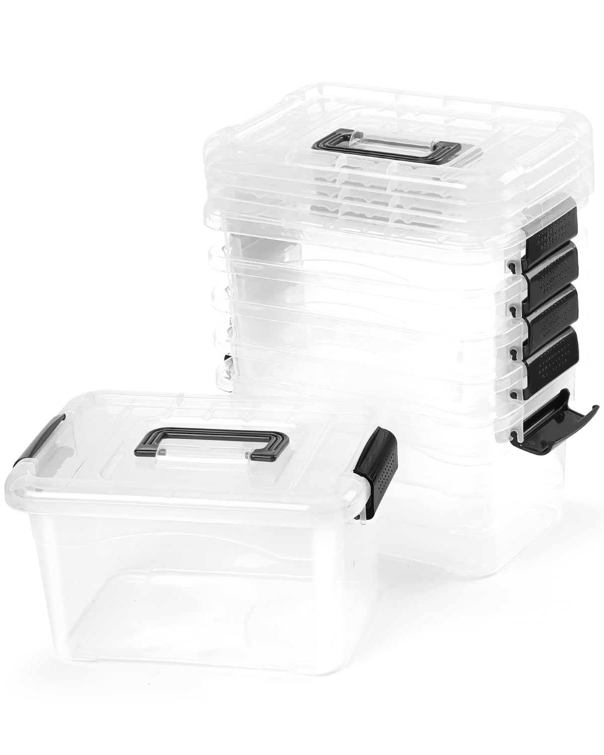 NEATJELAI Plastic Storage Bins with Lids -Storage Organizer Bins with Black Buckle Lids, Stackable Storage Bins with Lids for Home Office Closet Art Supplies Organization,6 Packs, Clear