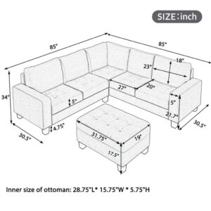 FANCUF Sectional Corner Sofa L-shape Couch Space Saving with Storage Ottoman Cup Holders Design for Large Space Dorm Apartment