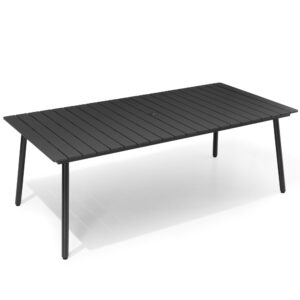 vredhom outdoor dining table, 82.7 inch patio dining table with wooden-like top and aluminum frame, rectangular table with umbrella hole outdoor furniture, black