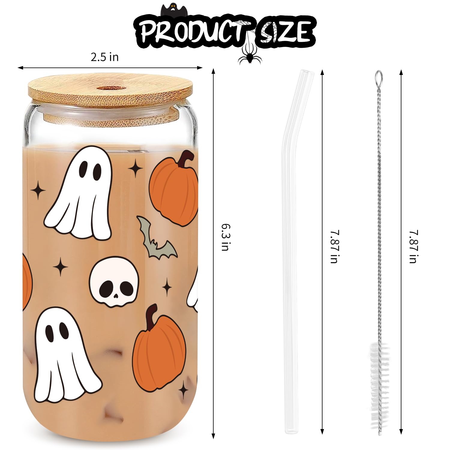 UAREHIBY Halloween Gifts for Women with Ghost,Pumpkins,bats,skulls,18 OZ Halloween Glass Cups with Lids and Straws,Halloween Coffee Cups Tumbler Ghost Mug