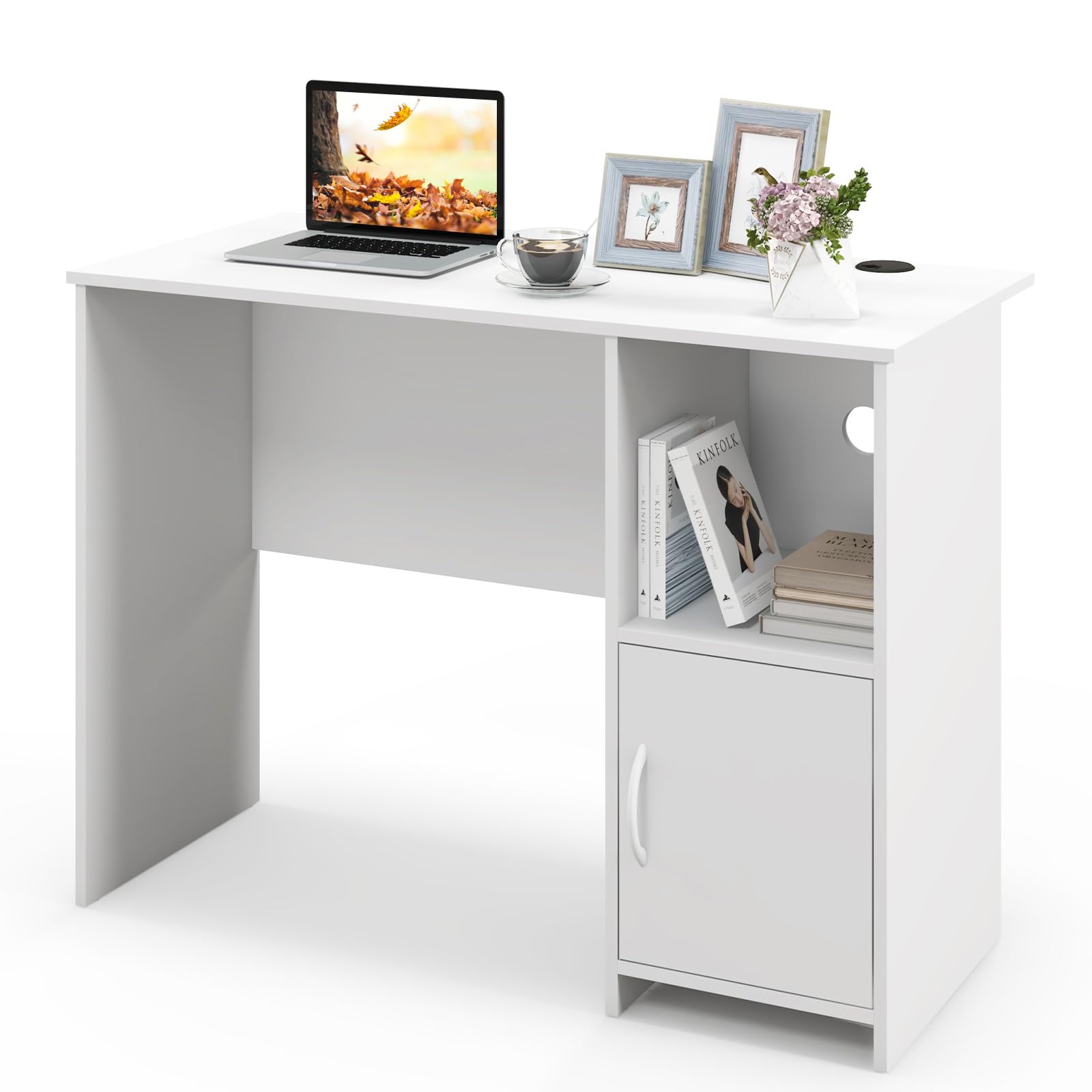 GOFLAME Modern Computer Desk with Cabinet, Writing Study Desk with Cable Holes & Open Shelf, Laptop PC Desk with Storage, Compact Computer Workstation for Home Office, White