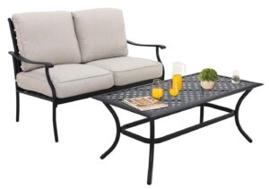 artloft patio loveseat with coffee table outdoor conversation loveseat porch furniture set sofa for balcony, backyard, and deck with soft cushions and metal table (white)