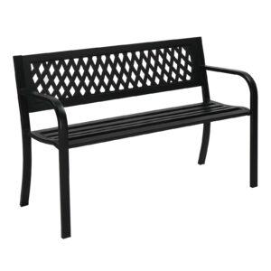 vingli outdoor bench garden bench, metal porch bench w/pvc back, black outdoor bench park bench for yard lawn decor deck entryway