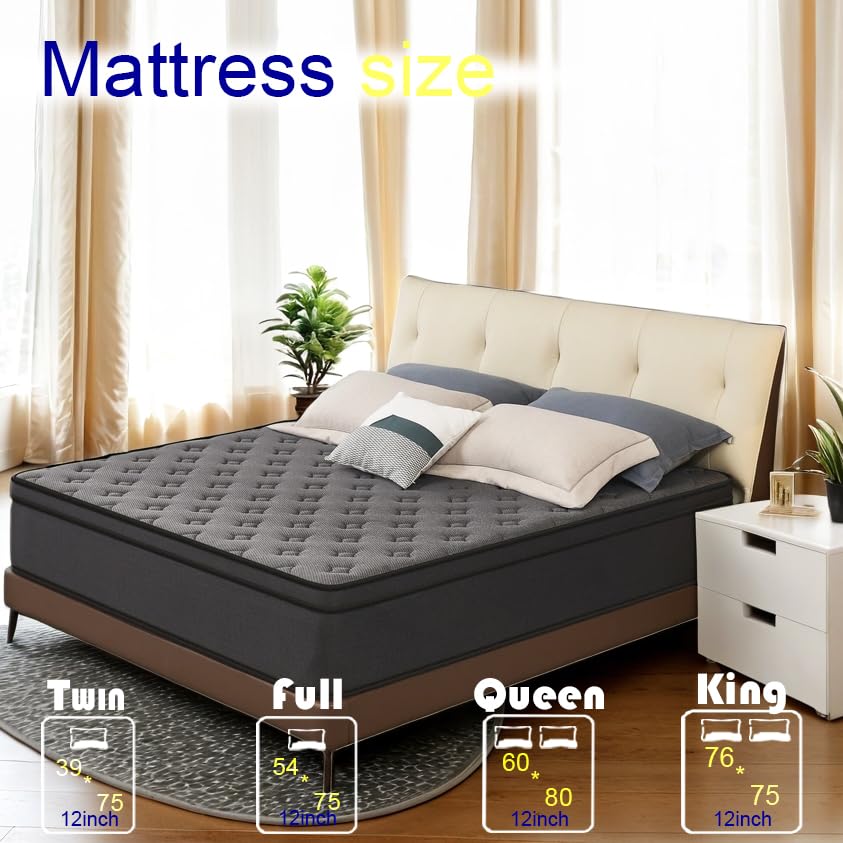 MRH Mattress, 12 Inch Euro Top Mattress in a Box,Memory Foam Hybrid Mattresswith Individually Pocket Springs,Med，Pure Black (Pure Black, King (U.S. Standard)), PM2404