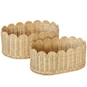 bebe bask scalloped basket set of 2 - hand woven scallop basket - 16 x 10 x 7 in - scalloped wicker basket - scalloped edge basket - scalloped storage basket (natural)