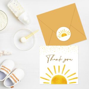 Whaline 30 Pack Mini Baby Shower Thank You Cards with Envelopes Stickers Boho Sun Greeting Cards Sunshine Blank Note Cards for Baby Shower Birthday Wedding Party Supplies, 3.5 x 3.5 Inch