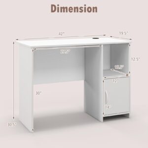 GOFLAME Modern Computer Desk with Cabinet, Writing Study Desk with Cable Holes & Open Shelf, Laptop PC Desk with Storage, Compact Computer Workstation for Home Office, White