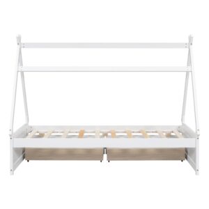 Linique Twin Size Tent Floor Bed with Two Drawers,Wooden Twin Platform Bed Frame Teepee Bed,White