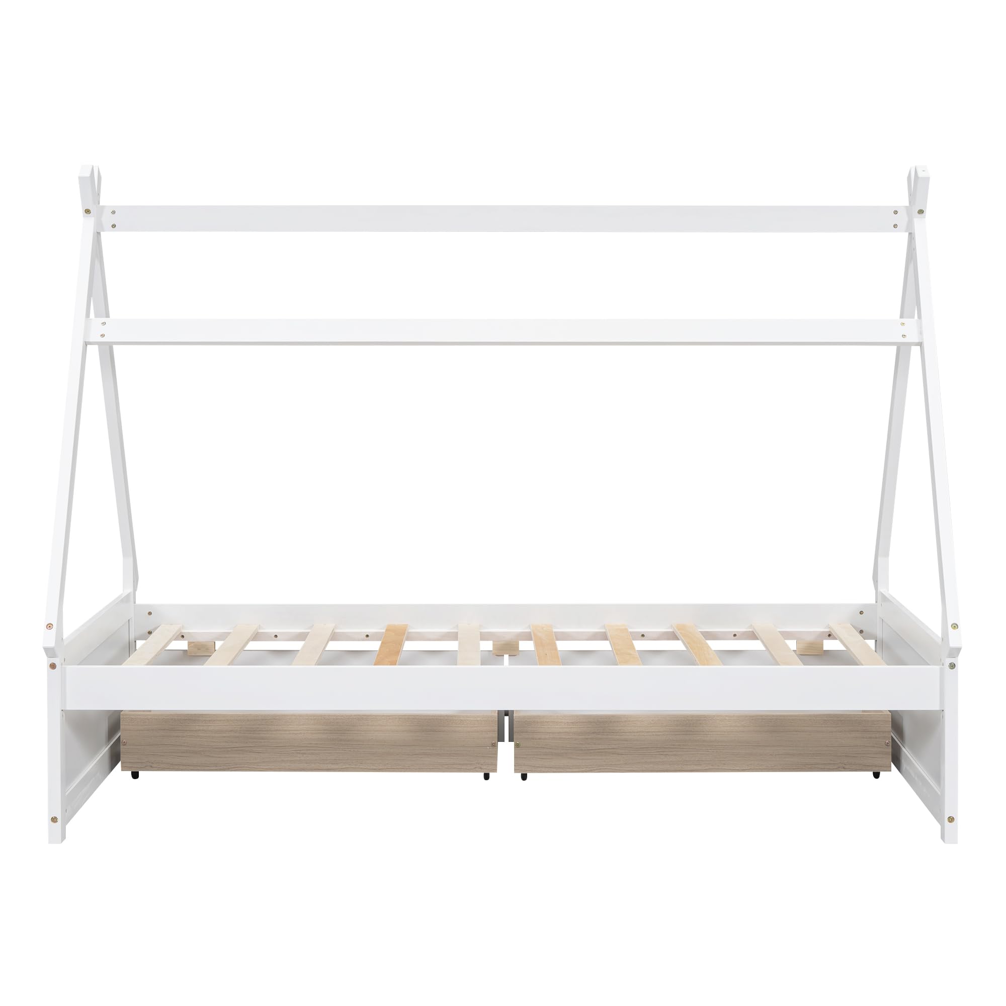 Linique Twin Size Tent Floor Bed with Two Drawers,Wooden Twin Platform Bed Frame Teepee Bed,White