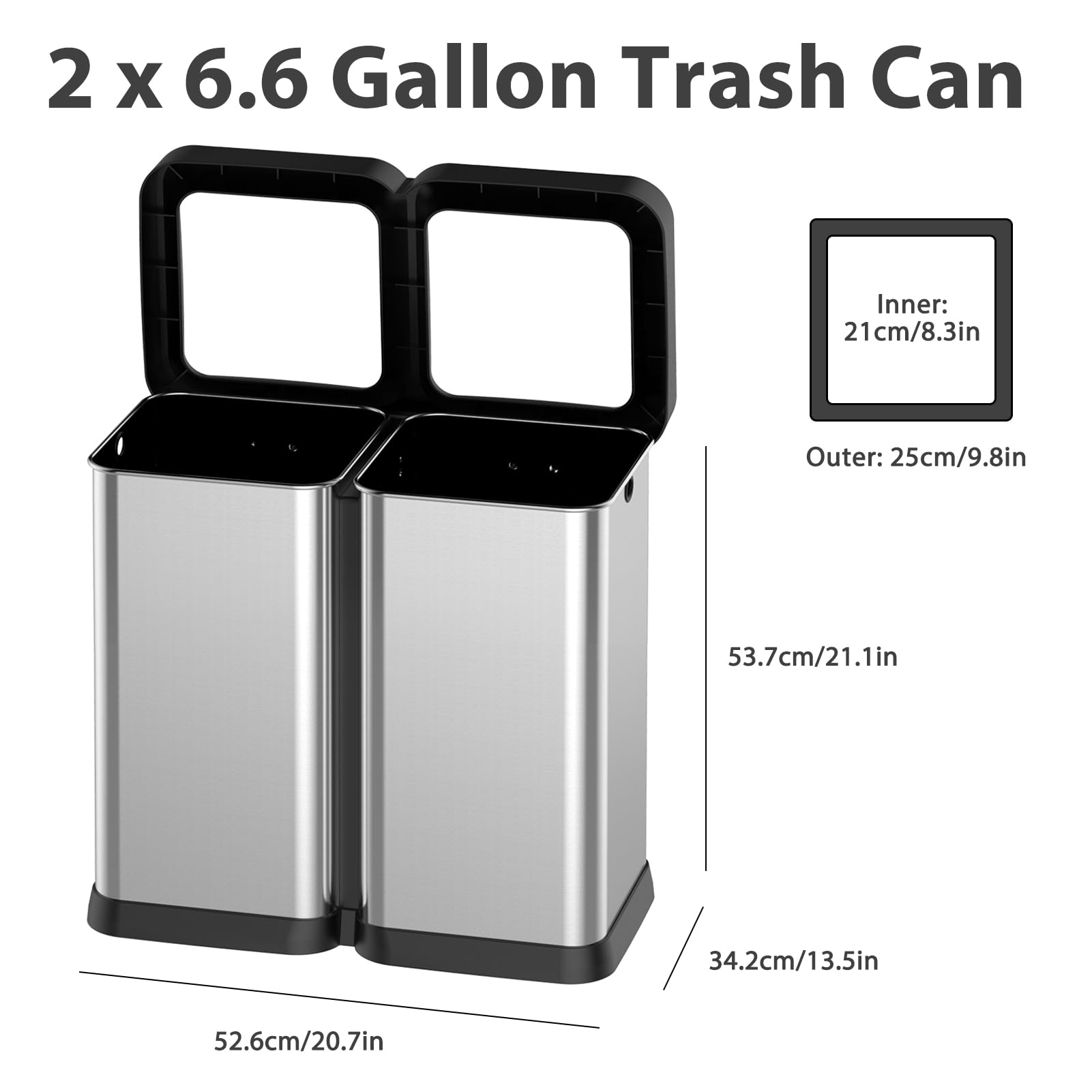 GarveeTech 13.2 Gal Dual Trash Can, Stainless Steel Kitchen Garbage Can, Open Top Waste Bins, Recycling Trash Can, 2 x 6.6 Gal