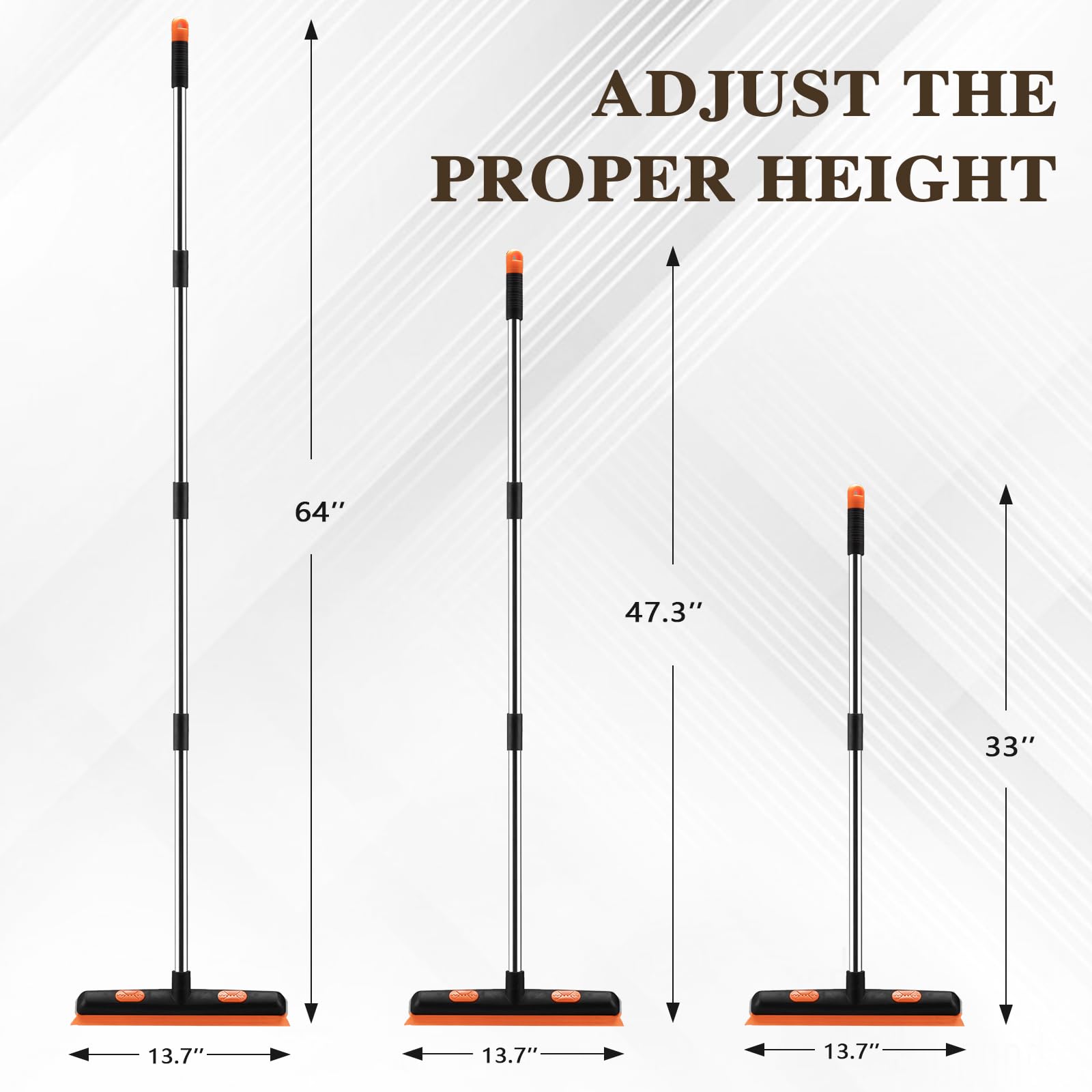 2 in 1 Rubber Broom with 33-64" Long Handle，Fur Remover Broom with 33-64" Long Handle, Pet Hair Broom with Squeegee for Carpet, Hardwood Floor, Tile- Black Orange