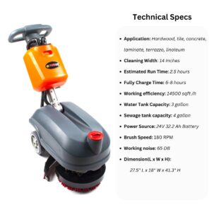 SUNMAX RT15 Compact Commercial Walk-Behind Floor Scrubber Machine, 14" Disc Brush, Battery Powered, 14,500 sqft/h Cleaning Efficiency