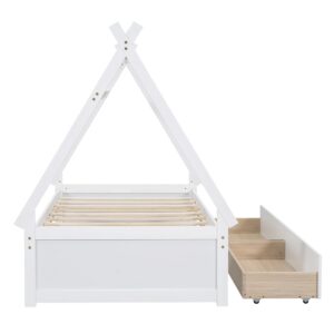 Linique Twin Size Tent Floor Bed with Two Drawers,Wooden Twin Platform Bed Frame Teepee Bed,White