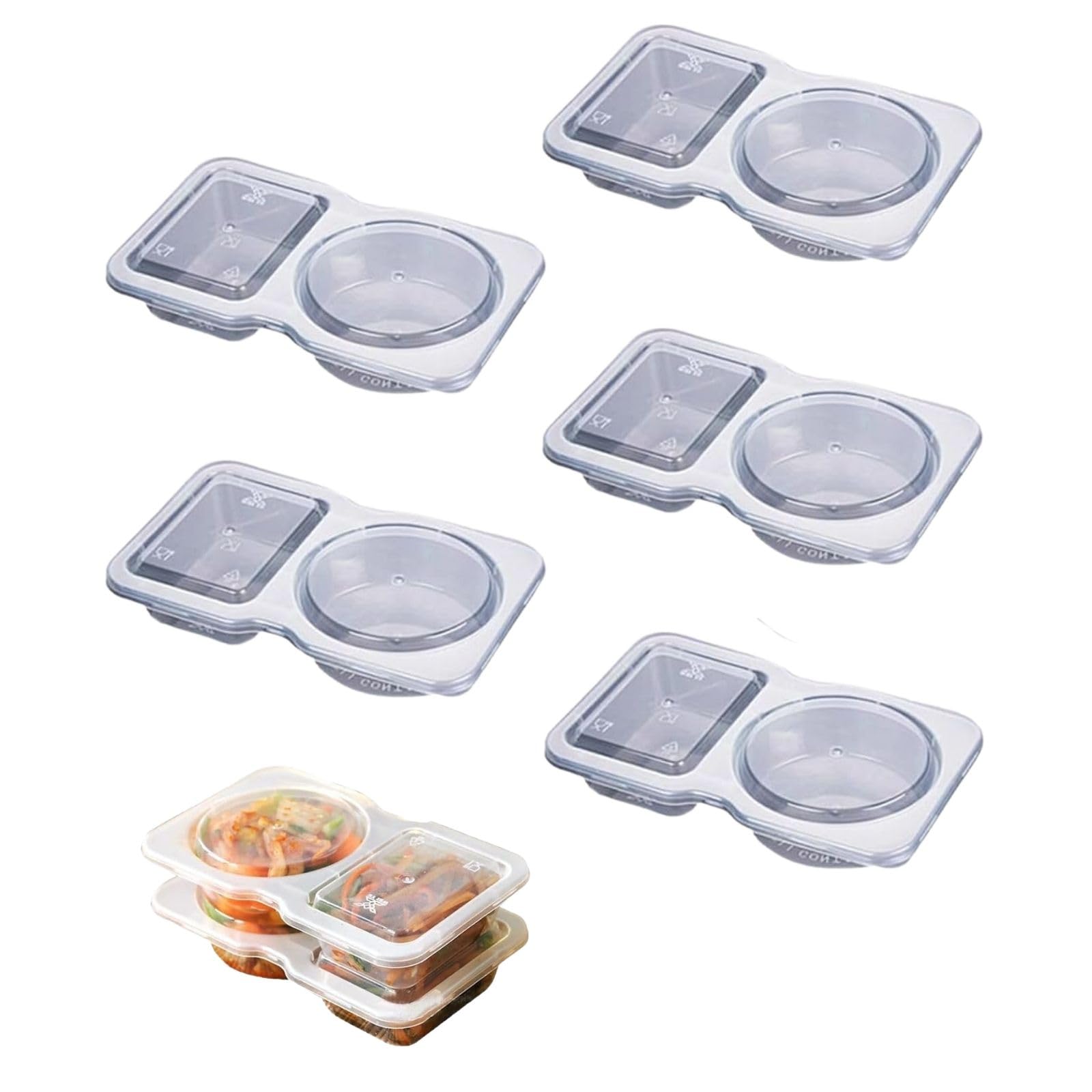 Nsacxa 5PCS Double Compartment Condiment Container, 2 Compartment Snack Containers for Condiments or Dips, Double Condiment Containers with Lids, Double Compartment Snack Containers