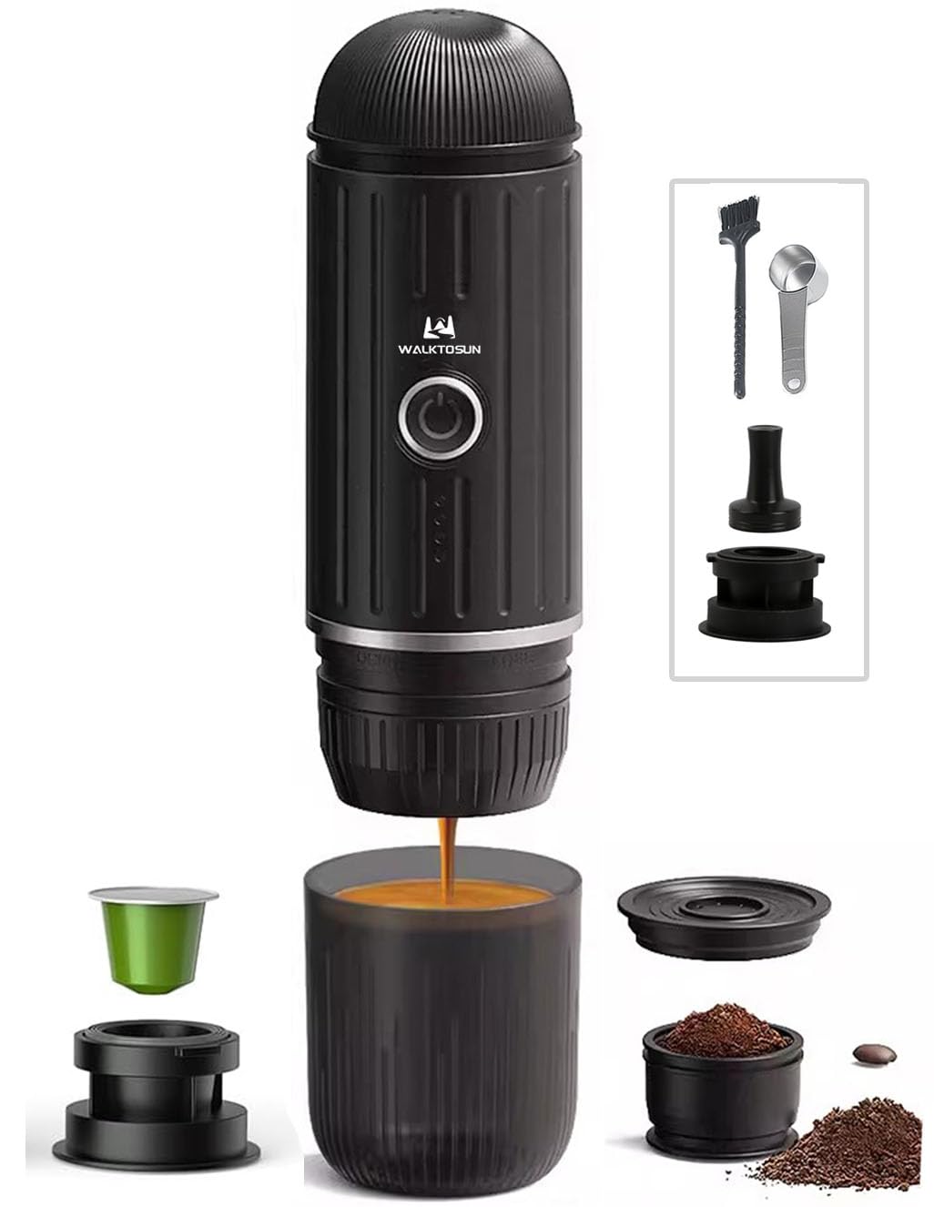 Portable Espresso Coffee Maker Electric Expresso Maker Self Heating Battery Powered, 19 Bar Pressure, Coffee Machine with Ground Coffee & NS Capsule for Travel, Camping, RV, Hiking, Office (Black)