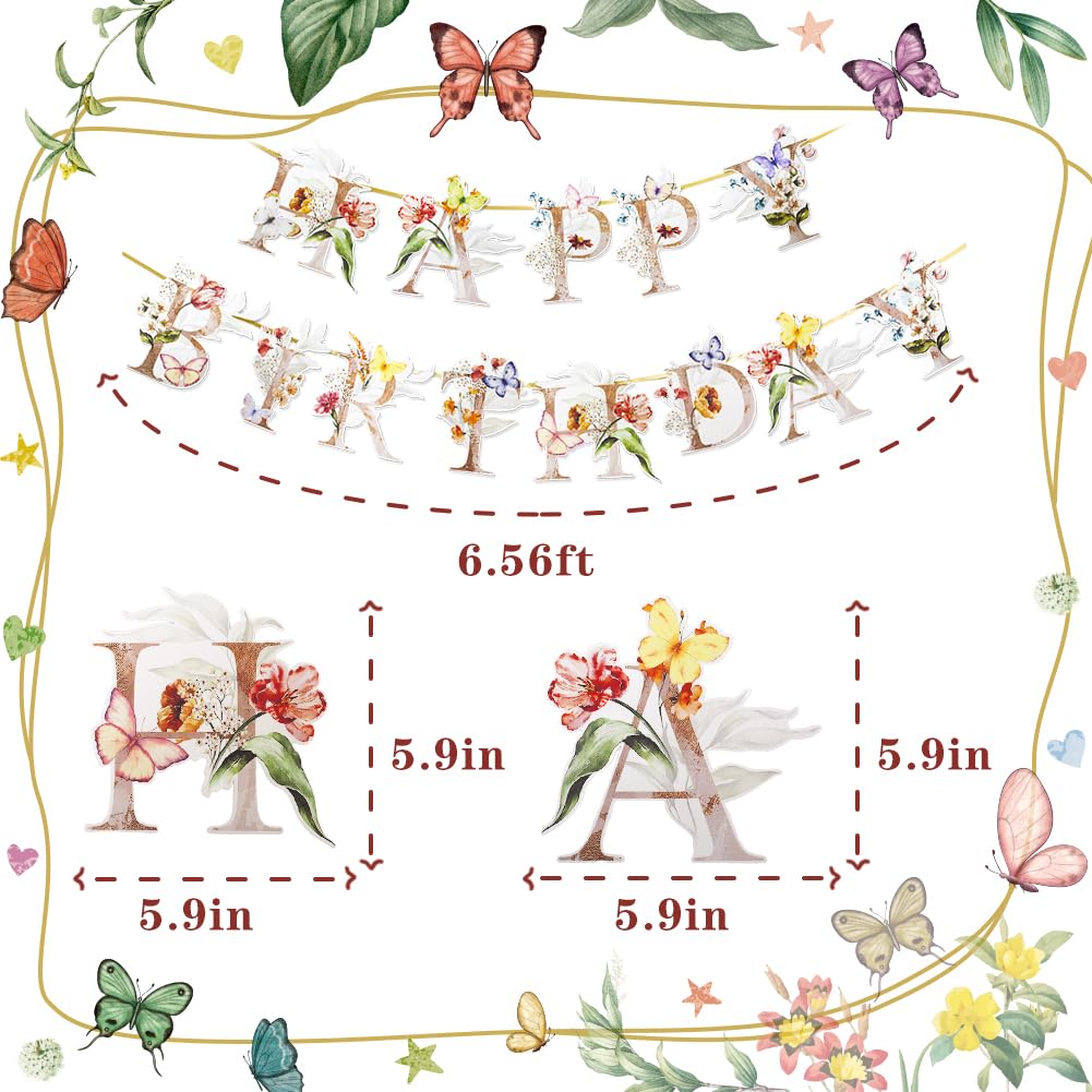 Flower Butterfly Happy Birthday Banner, Boho Groovy Floral and Butterflies Birthday Letters, Wildflower Butterfly Garden Party Decorations for 1st Sweet 16 21st 30th 40th 50th 60th 70th Birthday Party