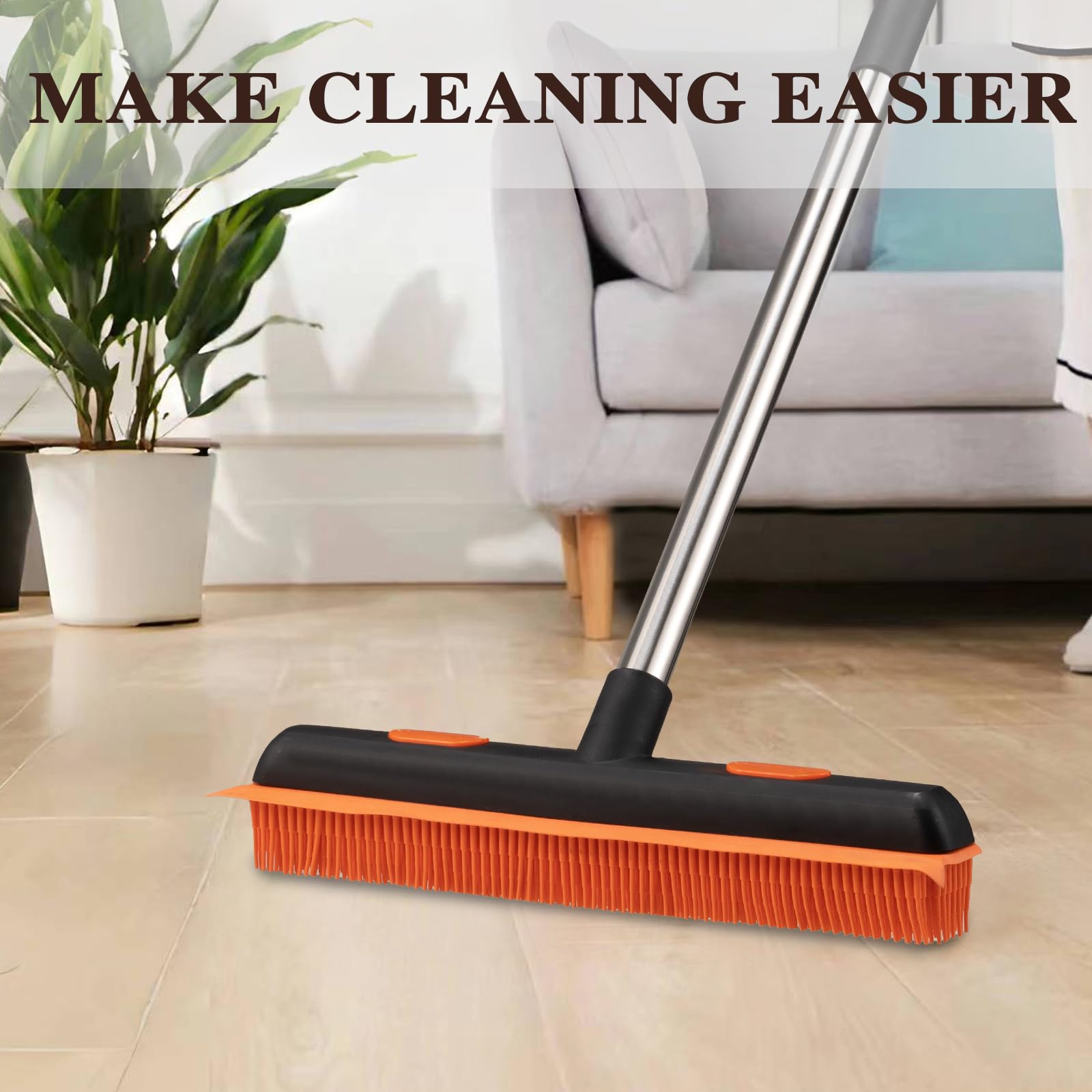 2 in 1 Rubber Broom with 33-64" Long Handle，Fur Remover Broom with 33-64" Long Handle, Pet Hair Broom with Squeegee for Carpet, Hardwood Floor, Tile- Black Orange