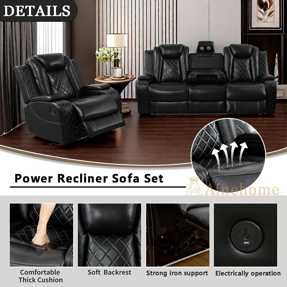 A Ainehome Living Room Furniture Power Recliner Set, Leather Sectional Sofa Set for Living Room, Home Theater, with LED Lights, Hide-Away Storage, Wireless Charging(B-Black,Sofa+Chair)