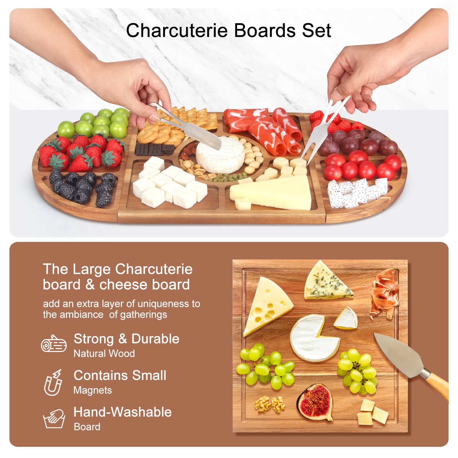 Extra Large Wood Charcuterie Boards Set Gift 24" x 12" Wooden Cheese Board Magnetic Acacia Serving Boards Big Grazing Charcuterie Tray Cheese Meat Platter for Bridal Shower Wedding Housewarming Gifts