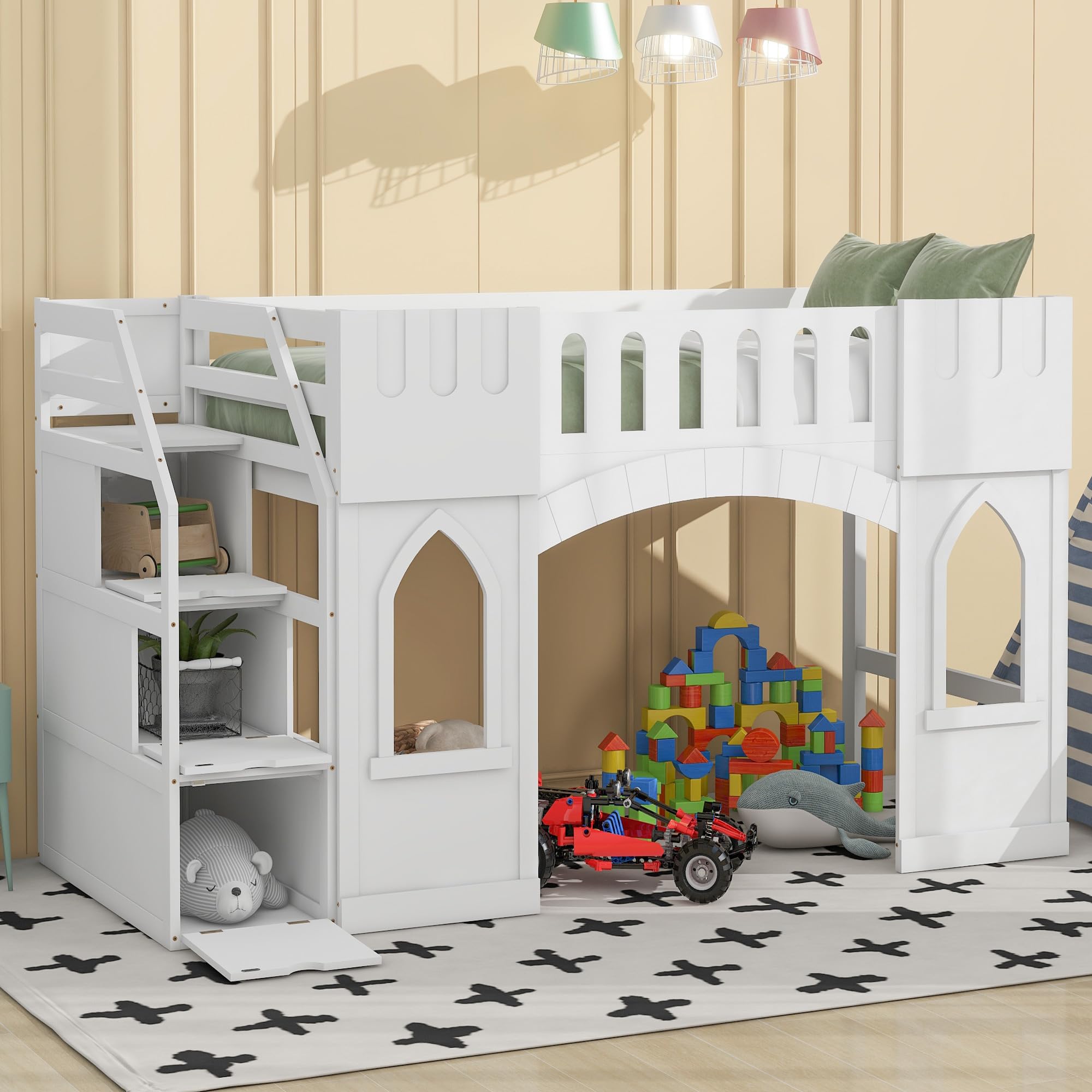 Linique Twin Size Loft Bed with Storage Staircase and 2 Window,Castle Playful Design Twin Loft Bed Frame with Space for Fun,White