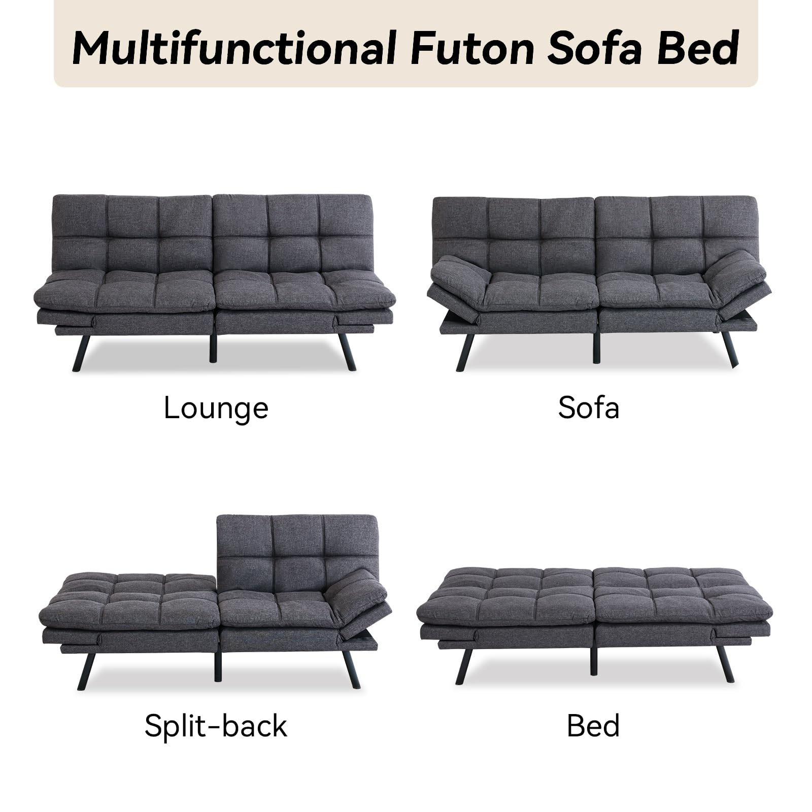 Erdoru Convertible Memory Foam Futon Sofa Bed Couch,Linen Fabric Futon Sofa Couch,Sleeper Futons Sofa Bed,Small Splitback Modern Loveseat Sofa Bed for Living Room,Office,Apartment,Deep Grey