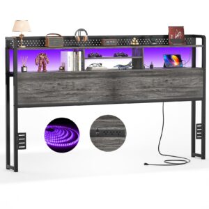 unikito headboard for king size bed with storage shelf, head board with 3 outlets and 2 usb ports, headboards with rgb led light, height adjustable, sturdy and stable, easy assembly, black oak