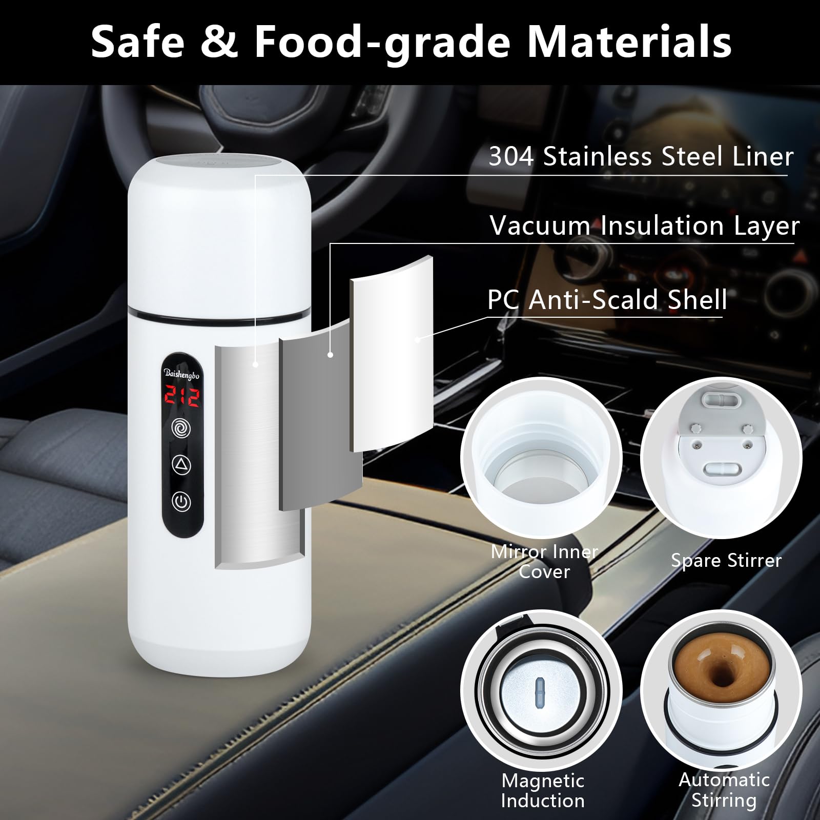 Car Kettle, 12V/24V Portable Electric Travel Kettle 420ML & 304 Stainless Steel Water Boiler with Built-in Magnetic Induction Stirring Temperature Adjustable Mini Water Heater for Tea Coffee Milk