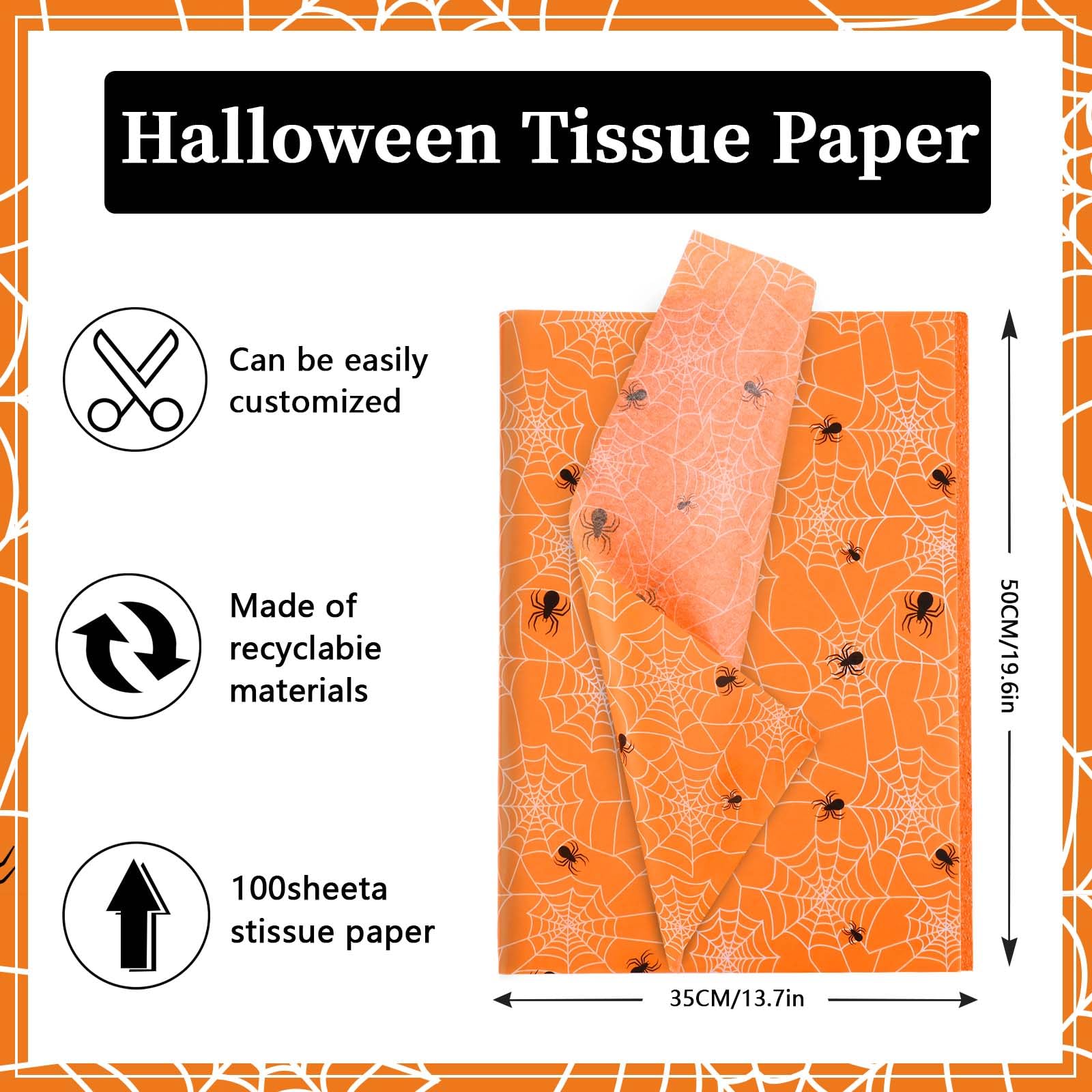 Bolsome 100 Sheets Halloween Tissue Paper for Gift Wrapping Orange Black Spider Web Printed Tissue Paper for Gift Bags Spooky Design Decorative Tissue for Halloween Party DIY Craft