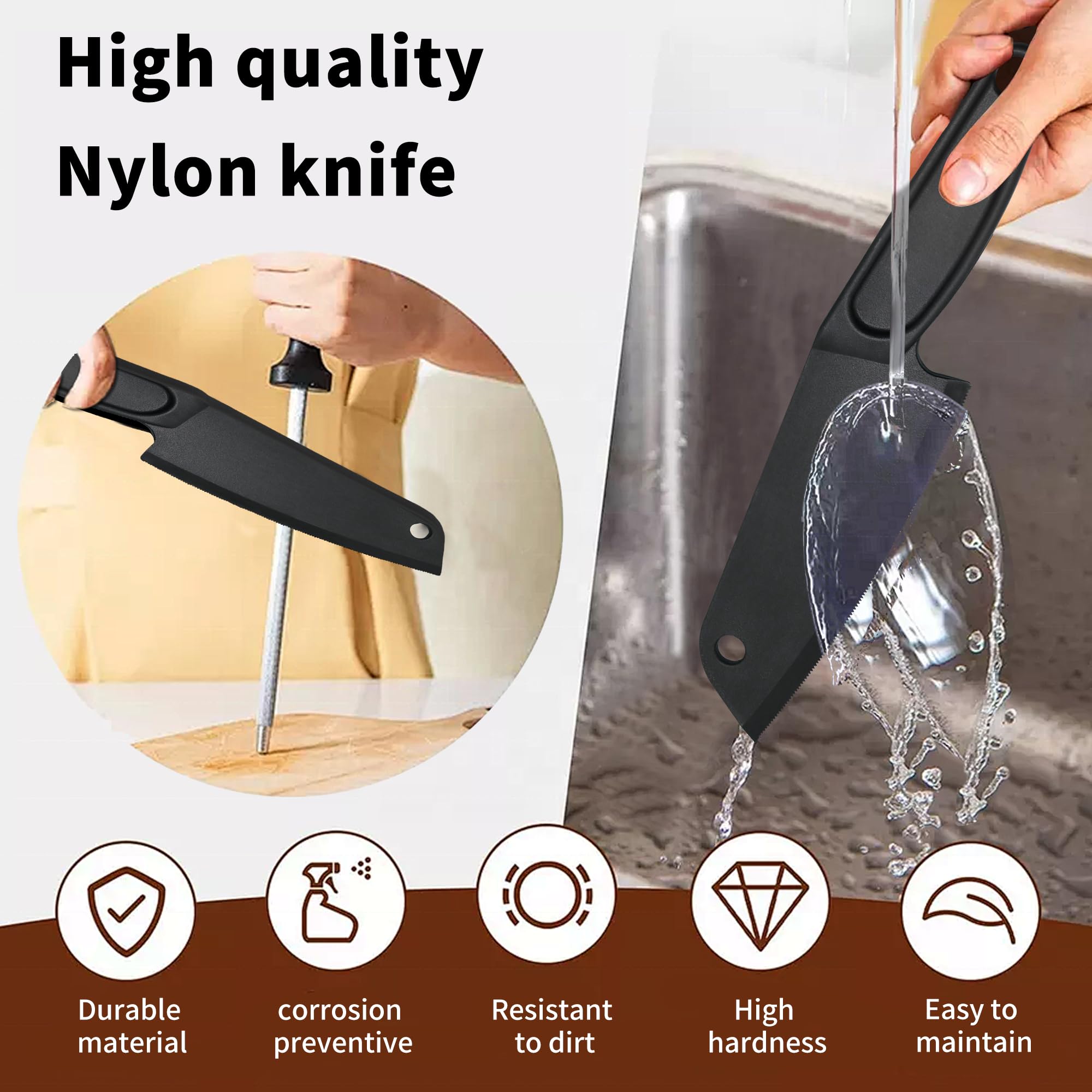 Nylon Knife with High Temperature Resistance for Nonstick Pans, Kitchen Knife Safe for Kids, Lightweight Plastic Knife Best for Cutting Bread, Pizza, Fruits, Vegetables (1, Full serration)