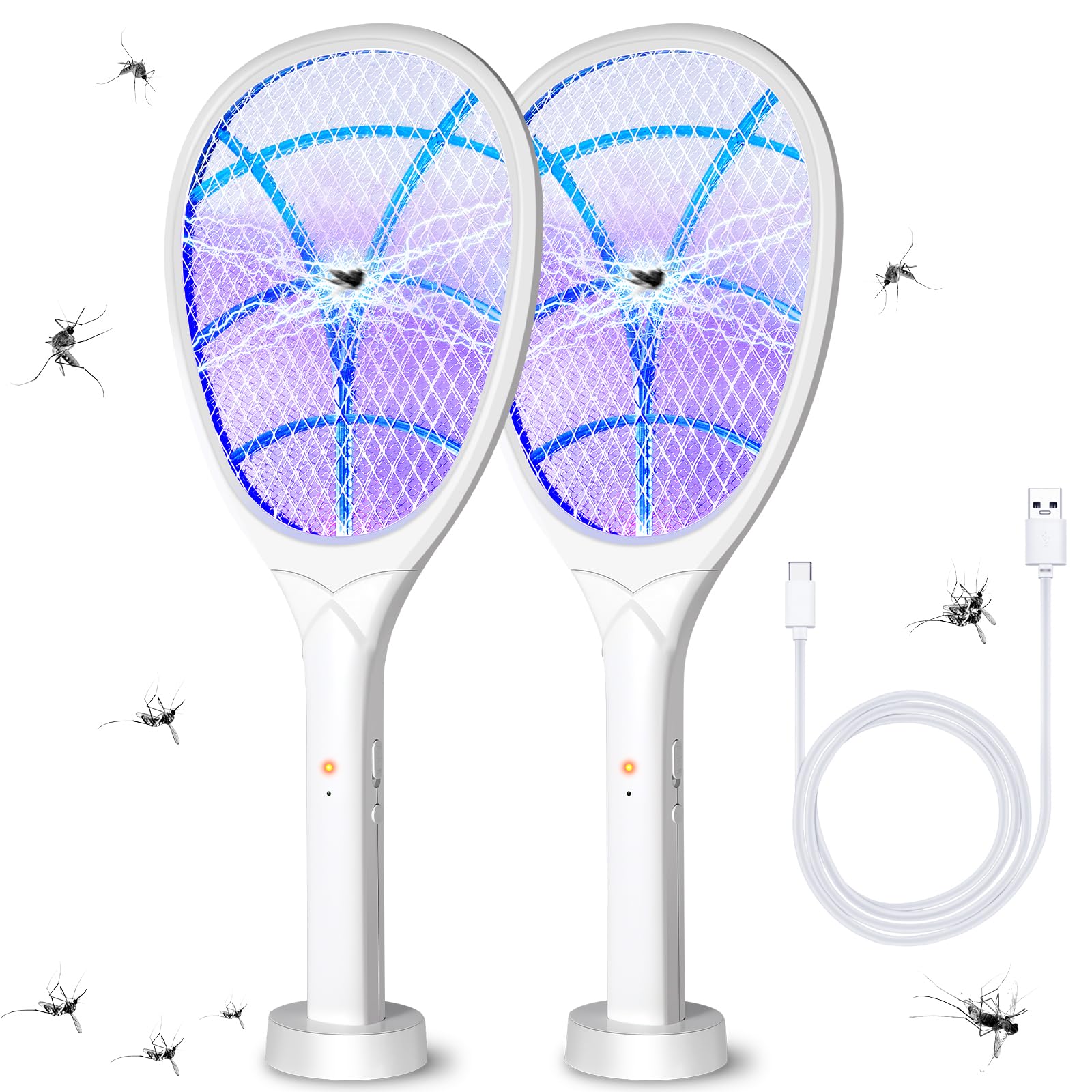 Qualirey 2 Pcs Electric Fly Swatter Racket 3000v 2 in 1 Bug Zapper Racket USB Rechargeable Base, Powerful Mosquitoes Trap Lamp Fly Killer with 3 Layer Safety Mesh for Indoor Outdoor Home Office Patio