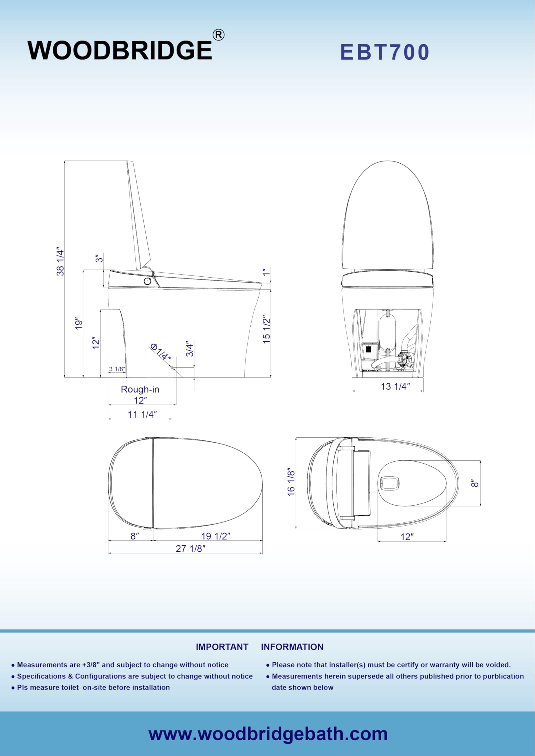 WOODBRIDGE Smart Bidet Toilet, Auto Open & Close, Auto Flush, Foot Sensor Operation, Heated Seat and Integrated Multi Function Remote Control in White,EBT 700