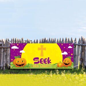 smoothnovelty halloween christian pumpkin backdrop banner seek his light banner religious halloween decoration church theme party banner for halloween fall outdoor sunday school decor, 50 x 20 inch