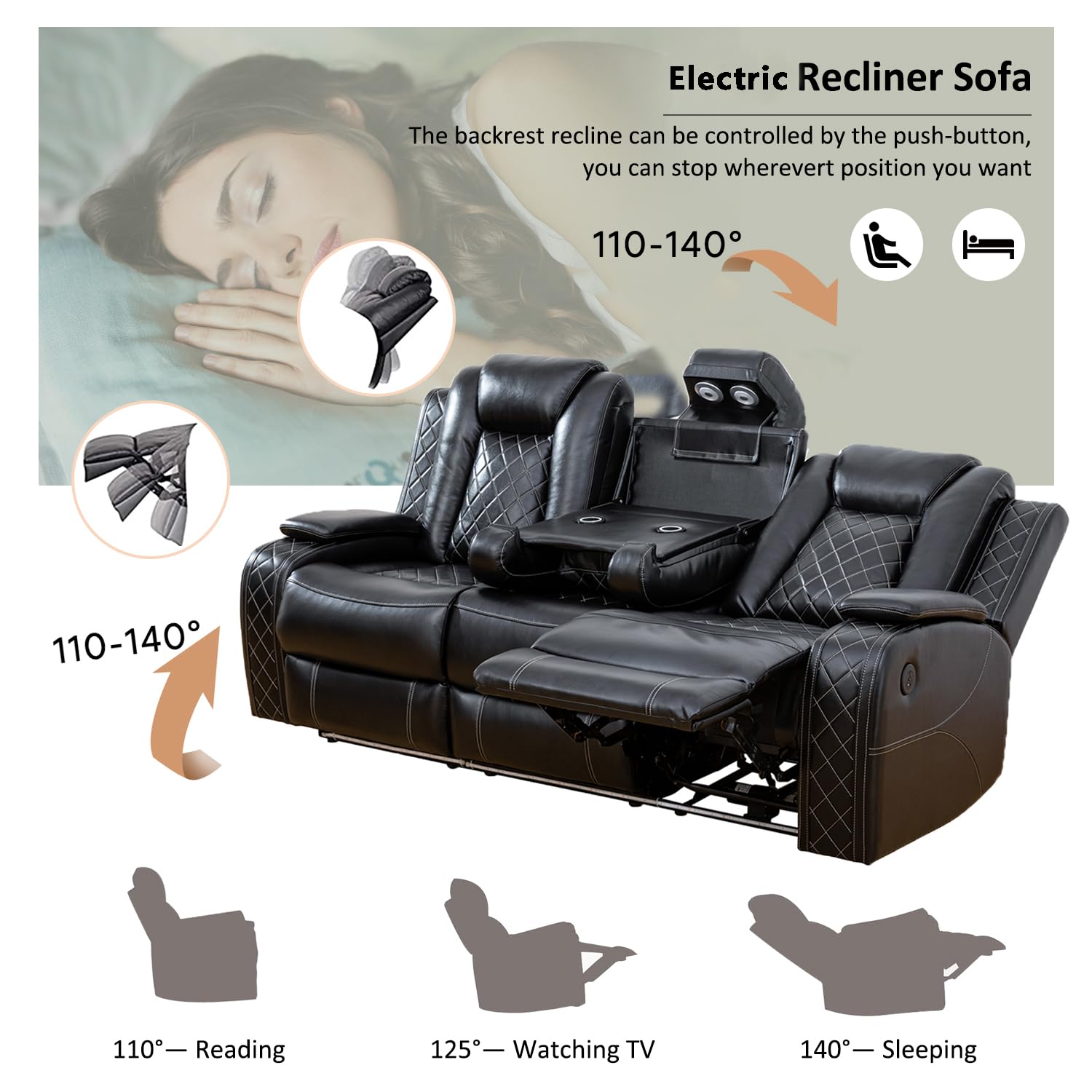 A Ainehome Living Room Furniture Power Recliner Set, Leather Sectional Sofa Set for Living Room, Home Theater, with LED Lights, Hide-Away Storage, Wireless Charging(B-Black,Sofa+Chair)