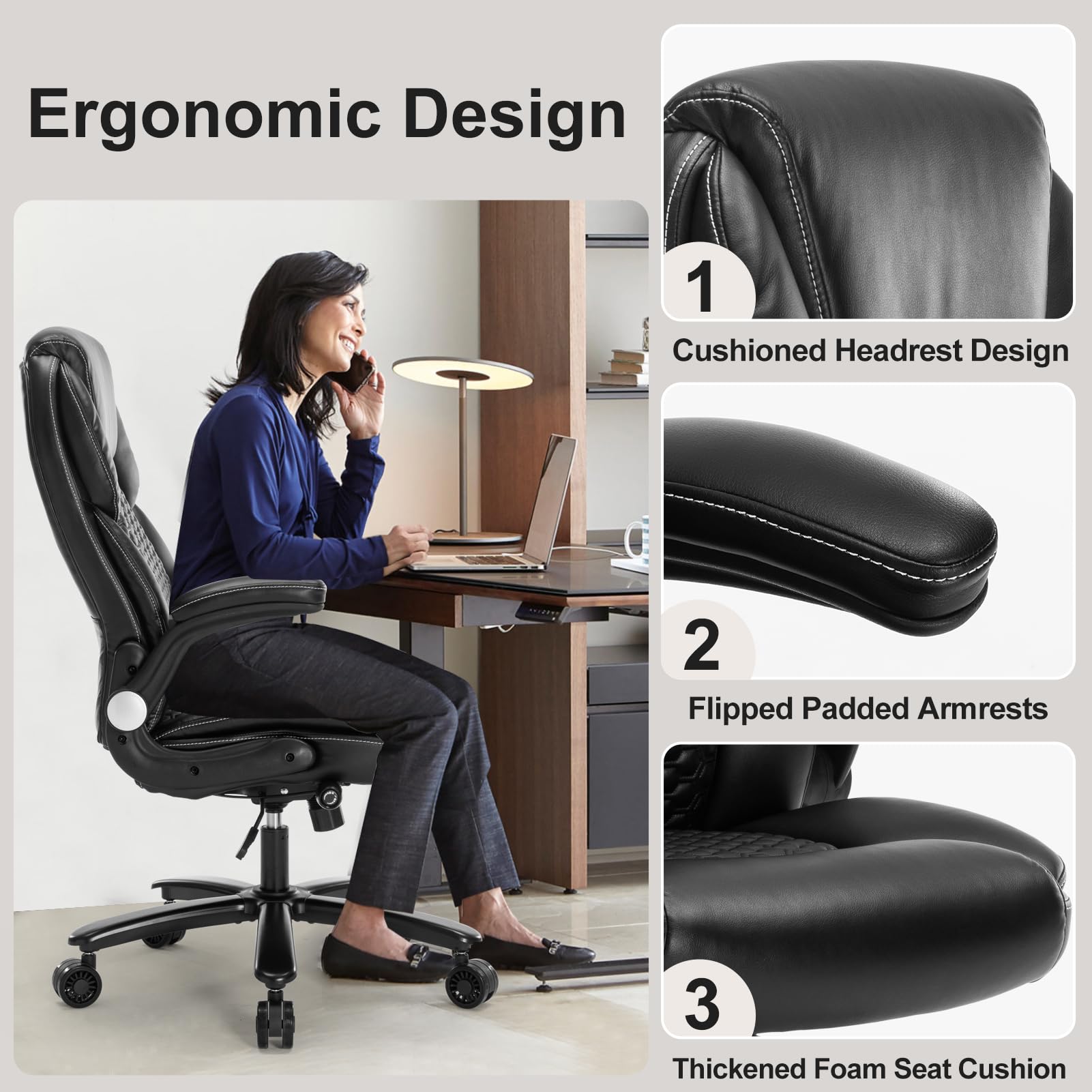 SOERGO Home Office Chair, Executive Comeputer Desk Chair Ergonomic Office Chair with Adjustable Lumbar Support, Tilt Lock, PU Leather, Swivel Rolling Chair for Gaming Adult Working Study-Black