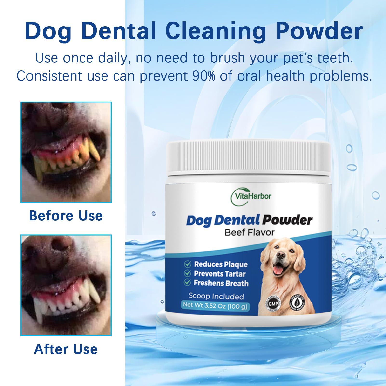 Dog Teeth Cleaning Powder, Dog Dental Powder, Dog Plaque and Tartar Remover Dog Breath Freshener, for Mouth, Teeth and Gum Health, Reduce 90% Dental Problems, Beef Flavor (100g)