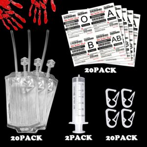 Kannove Halloween Blood Bags for Drinks 20 Pack,Reusable Iv Pouches with Syringe & Clips,Halloween Vampire Spooky Party Favors Supplies for Kids & Adults,Decorations for Nurse Graduation Birthday Bar