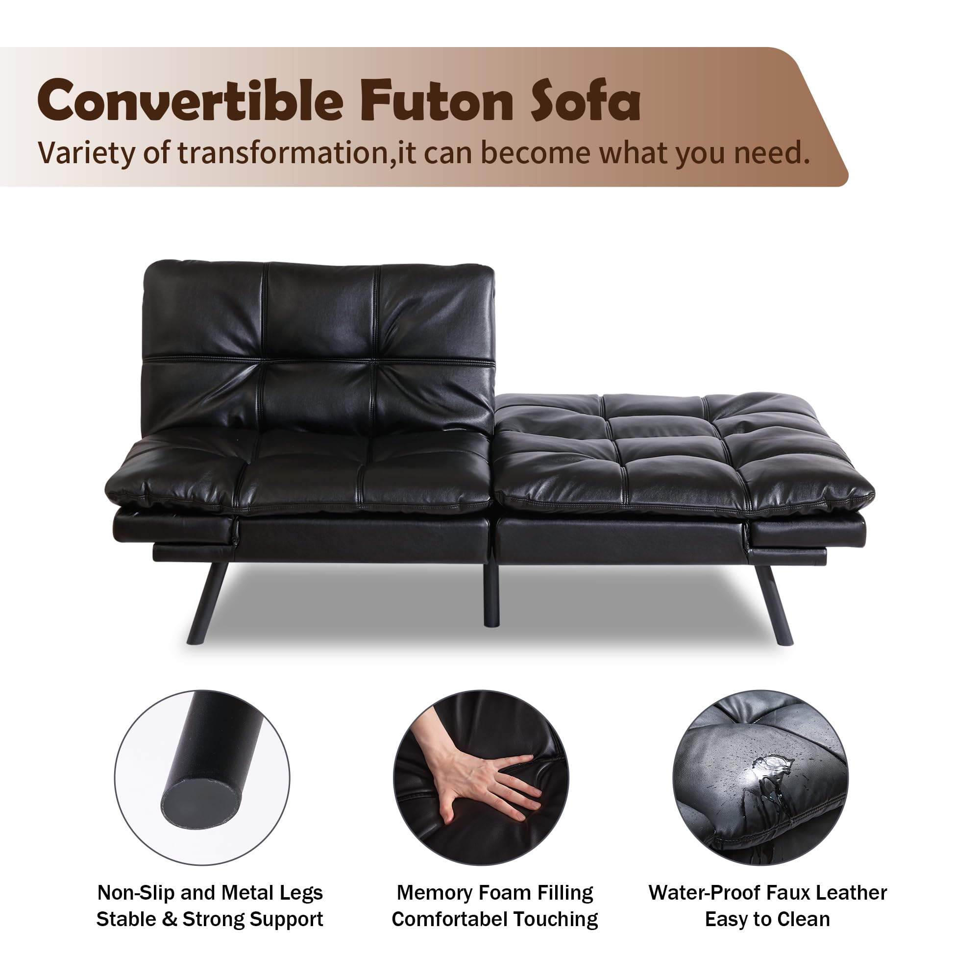 Erdoru Futon Sofa Bed, Memory Foam Futon Sleeper Sofa Loveseat Convertible Couch Bed for Small Compact Living Spaces,Apartment,Black Leather