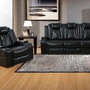 A Ainehome Living Room Furniture Power Recliner Set, Leather Sectional Sofa Set for Living Room, Home Theater, with LED Lights, Hide-Away Storage, Wireless Charging(B-Black,Sofa+Chair)