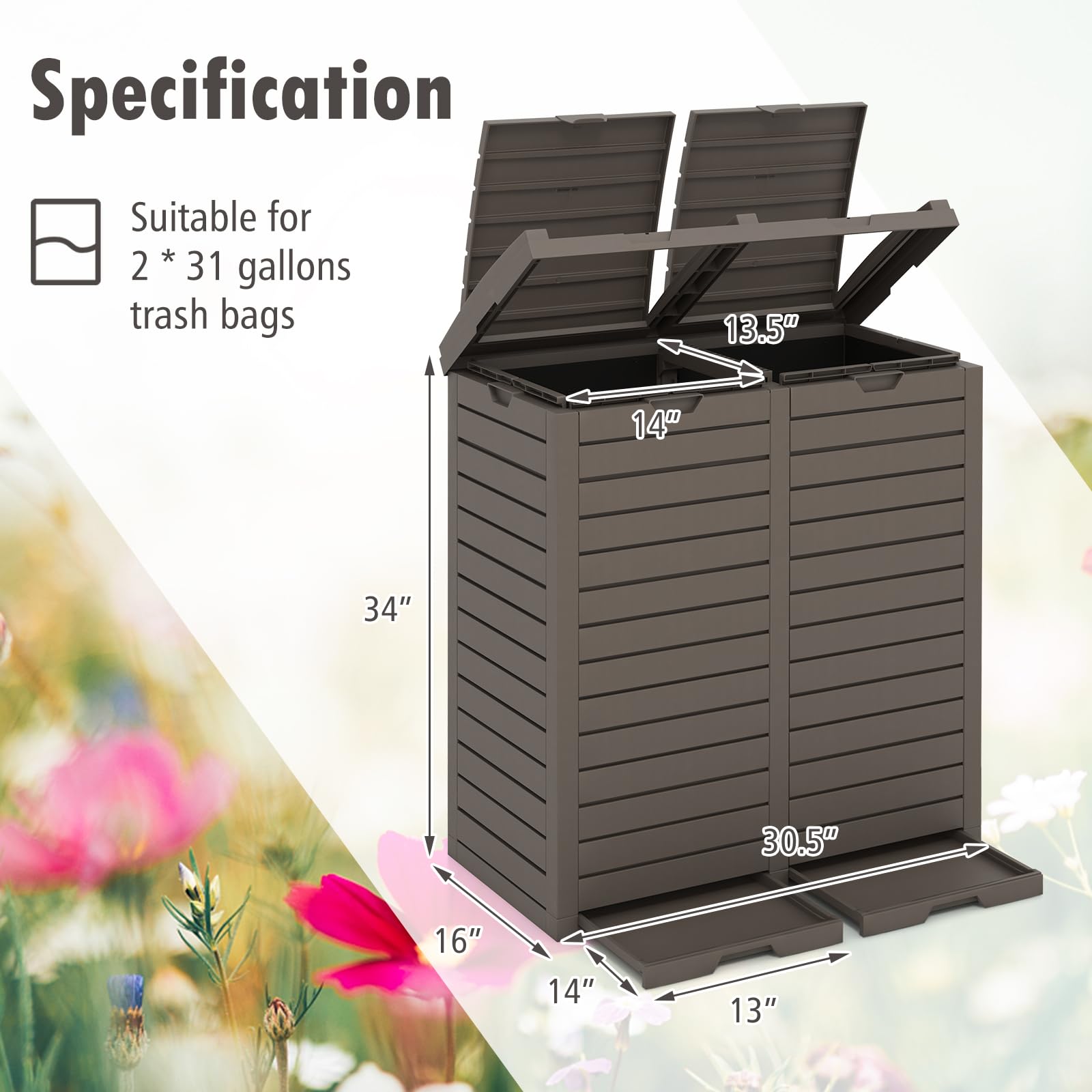 CLEEMAN Dual Outdoor Trash Can, 62 Gallon Trash Bin with Dual Lid & Drip Trays, Garbage Can with Lid Patio Backyard Deck & Kitchen