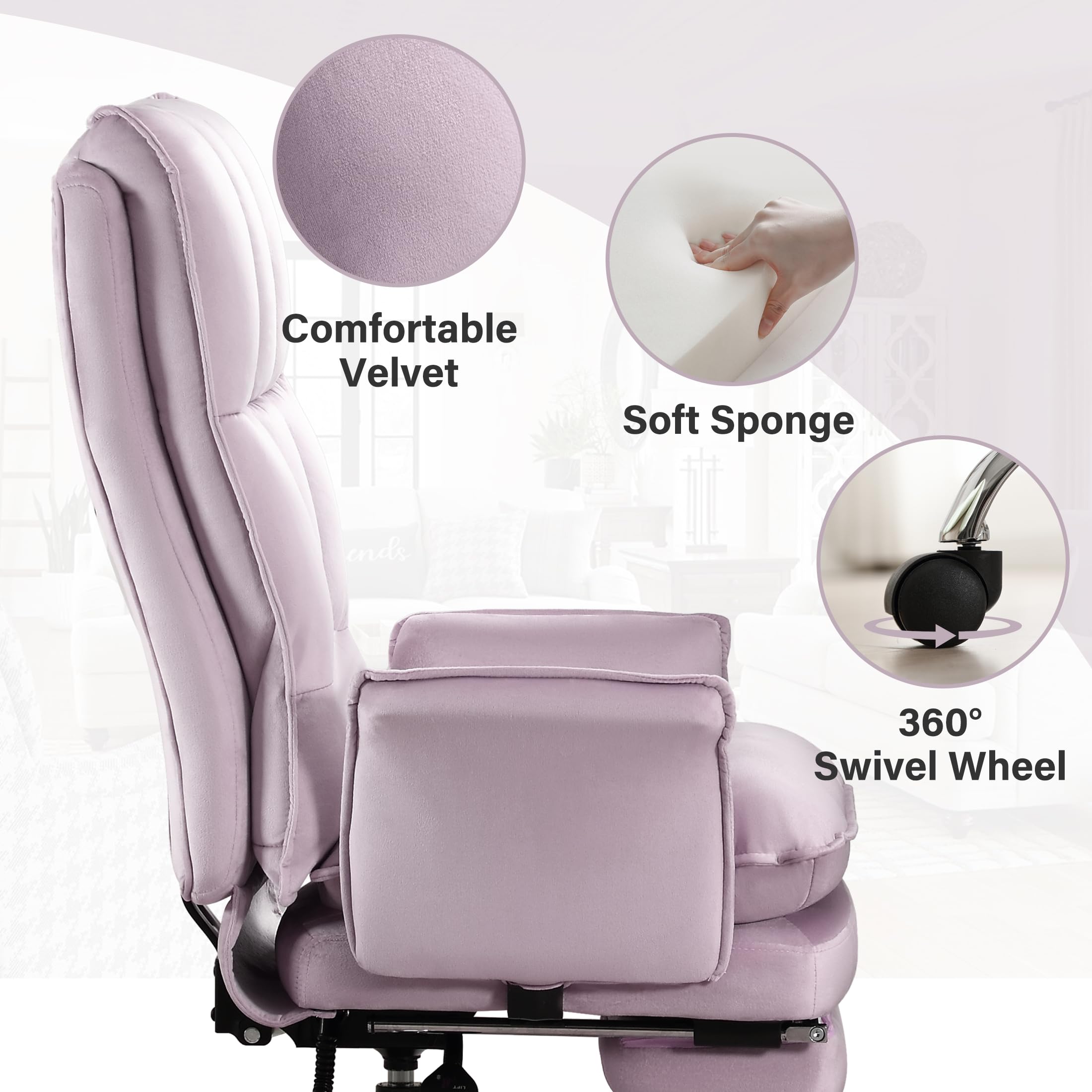 BOSMILLER Office Chair, Modern Home Office Desk Chairs with Wheels and Retractable Footrest, Adjustable Backrest Velvet High Back Office Chair, Computer Chairs for Bedroom (Light Purple)