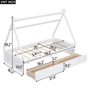 Linique Twin Size Tent Floor Bed with Two Drawers,Wooden Twin Platform Bed Frame Teepee Bed,White