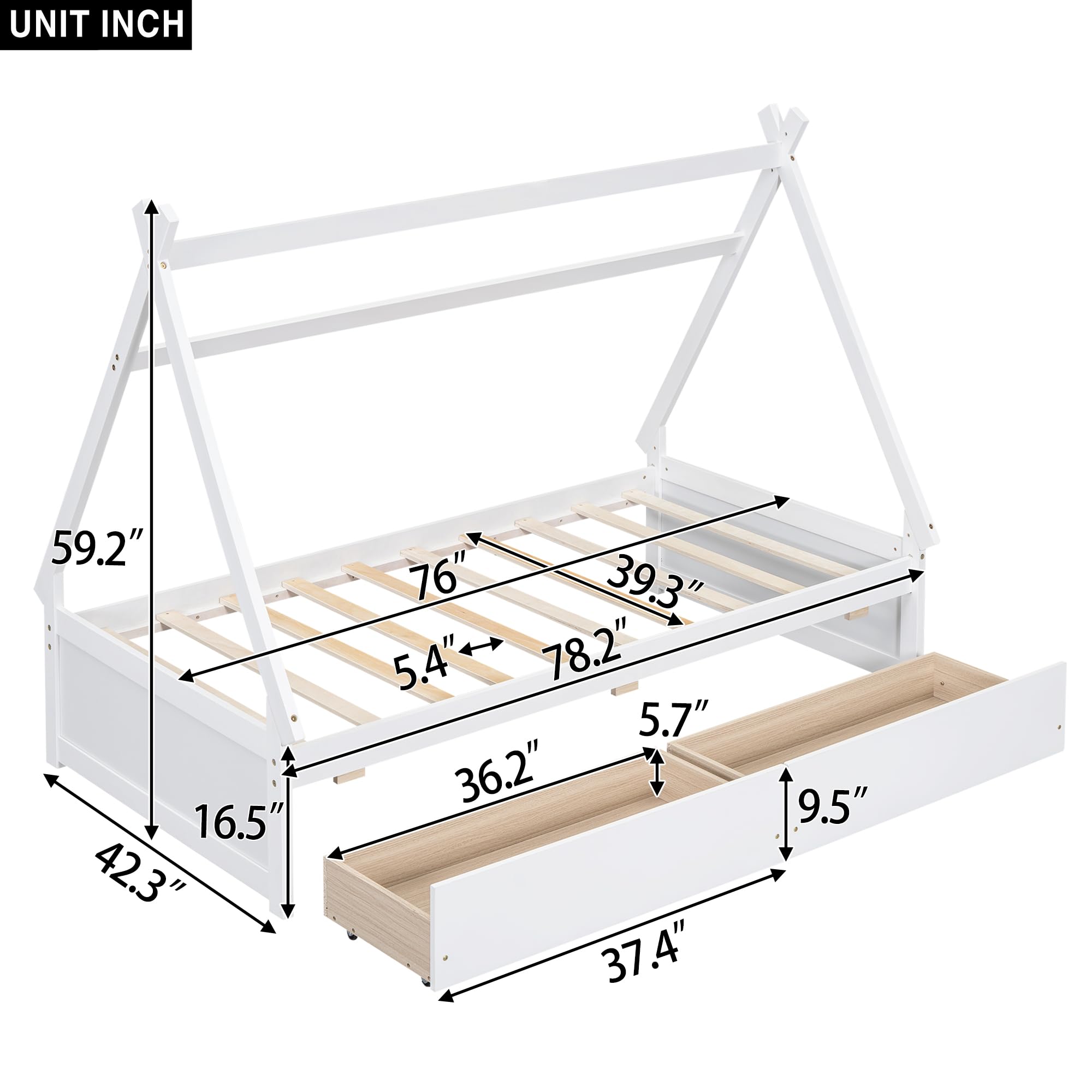 Linique Twin Size Tent Floor Bed with Two Drawers,Wooden Twin Platform Bed Frame Teepee Bed,White