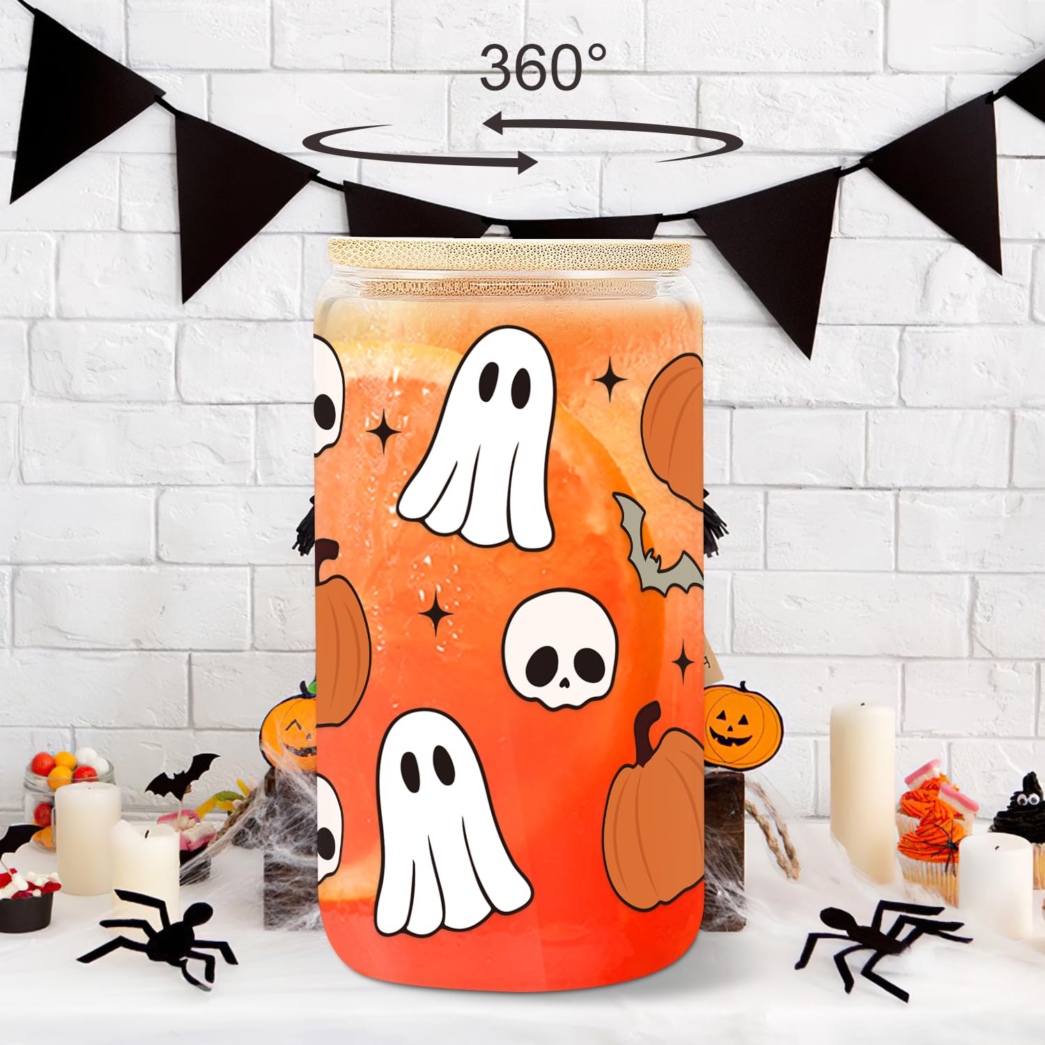 UAREHIBY Halloween Gifts for Women with Ghost,Pumpkins,bats,skulls,18 OZ Halloween Glass Cups with Lids and Straws,Halloween Coffee Cups Tumbler Ghost Mug