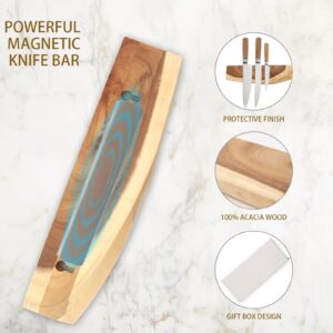 CHI SHANG 12.5 Inch Magnetic Knife Holder for Wall,Acacia Wood Knife Magnetic Strip,Knife Holder Wood Magnetic,No Drilling Knife Magnetic Strip-Strong Knife Magnet- for Kitchen Knives and Tools