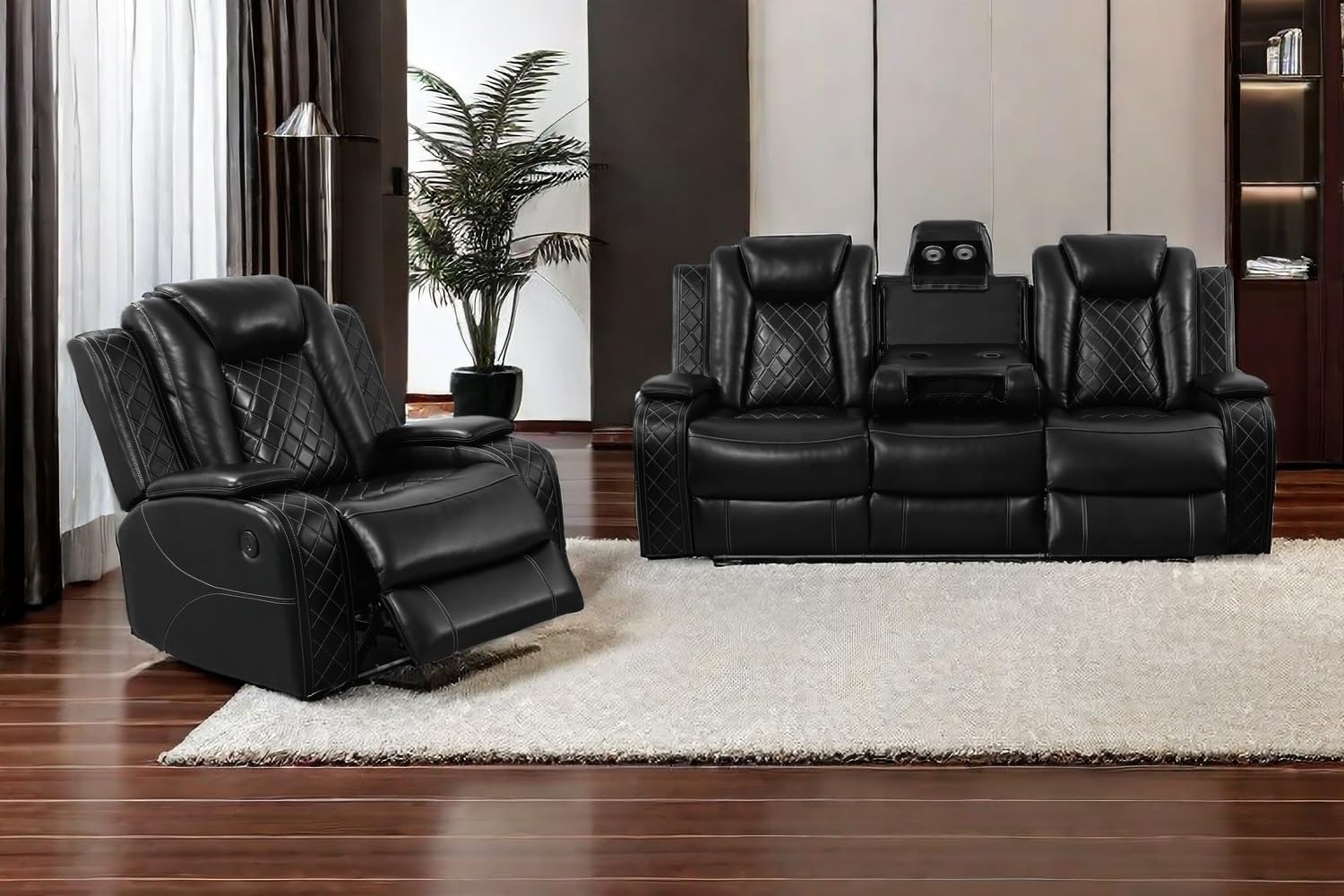 A Ainehome Living Room Furniture Power Recliner Set, Leather Sectional Sofa Set for Living Room, Home Theater, with LED Lights, Hide-Away Storage, Wireless Charging(B-Black,Sofa+Chair)